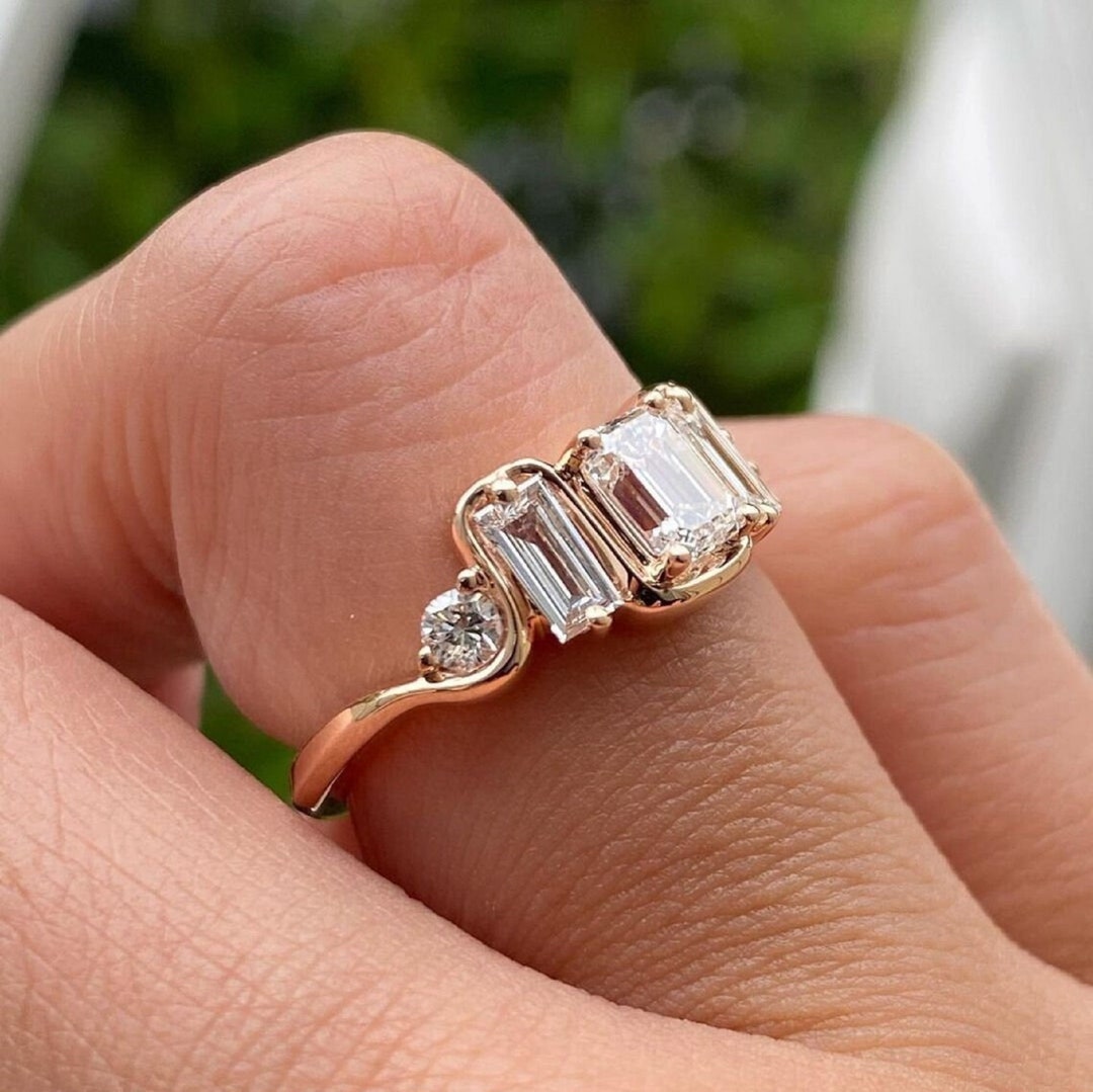 2 CT Emerald Cut Diamond Ring 14K Rose Gold Moissanite Engagement Ring ...