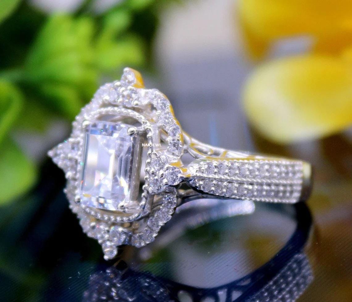 1.5 CT Emerald Moissanite Engagement Ring, Wedding Ring, Vintage ...