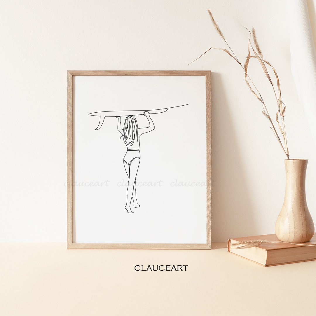 Woman Surf Line Drawing, Surf Art Print, Surf Line Art, Minimalist Wall ...