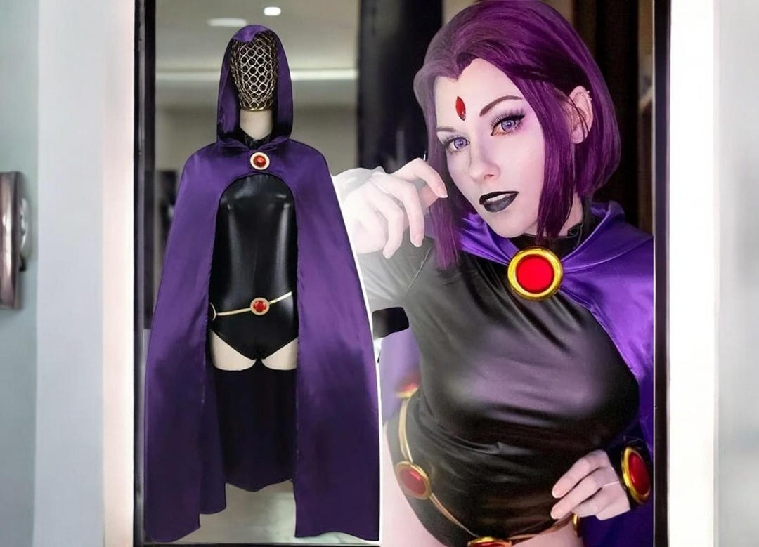 Teen Titans Raven Cosplay Costume Deluxe Jumpsuit Cloak Belt Suit ...