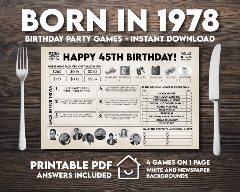 Printable 45th Birthday Party Games Born in 1978 Newspaper - Etsy