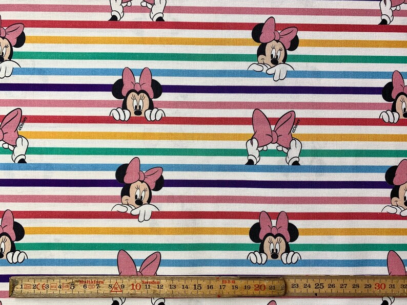 Disney Rainbow Stripe Minnie Mouse 100% Cotton Fabric - Half Metre ...