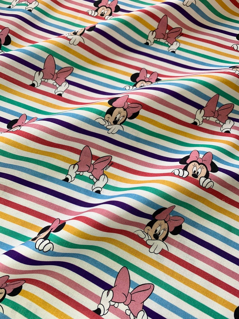 Disney Rainbow Stripe Minnie Mouse 100% Cotton Fabric - Half Metre ...