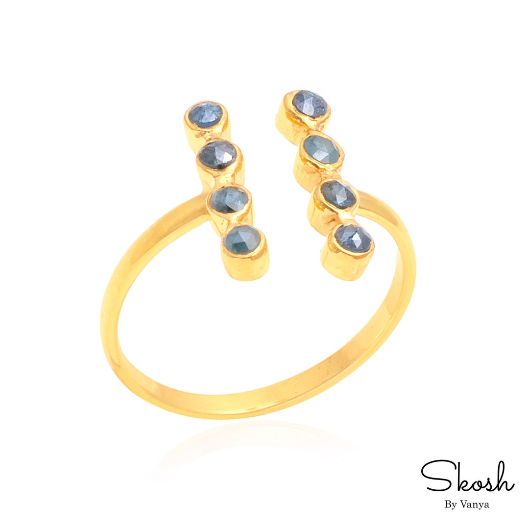 Rose Cut Bezel Bar Blue Diamond Engagement Ring in 14K Solid ...