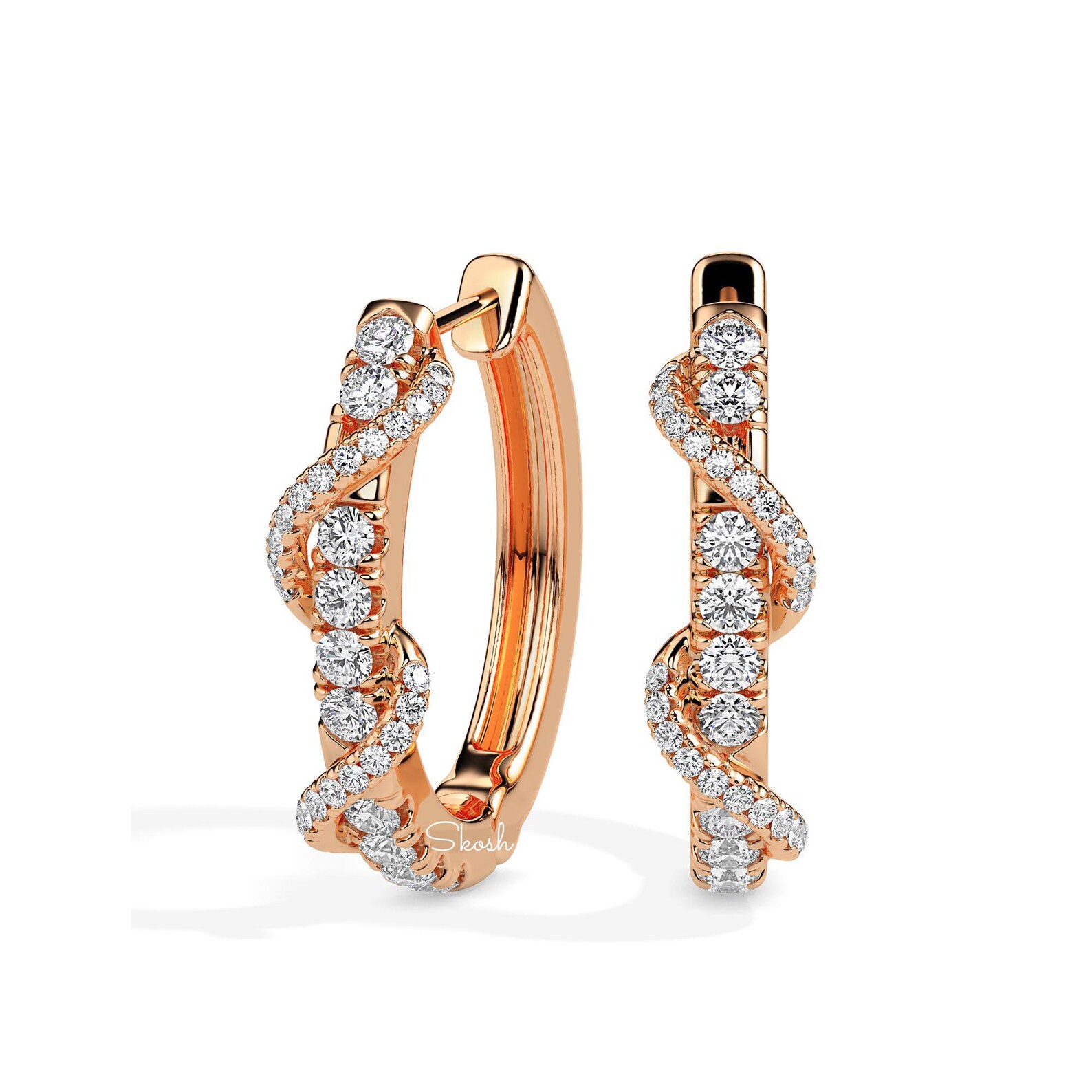 18mm Lab Grown Diamond Wavy Hoop Earrings, 14K Solid Gold Small Diamond ...