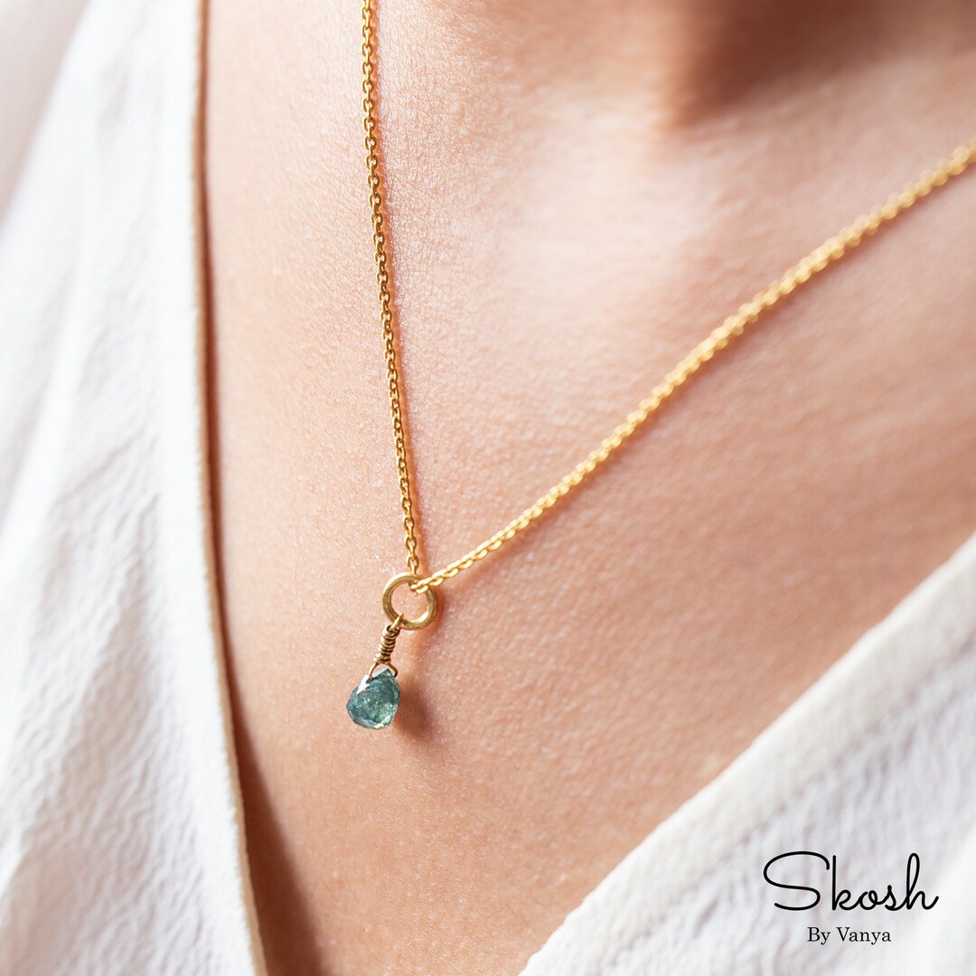 Natural Blue Diamond Briolette Charm Necklace in 14K Solid Gold ...