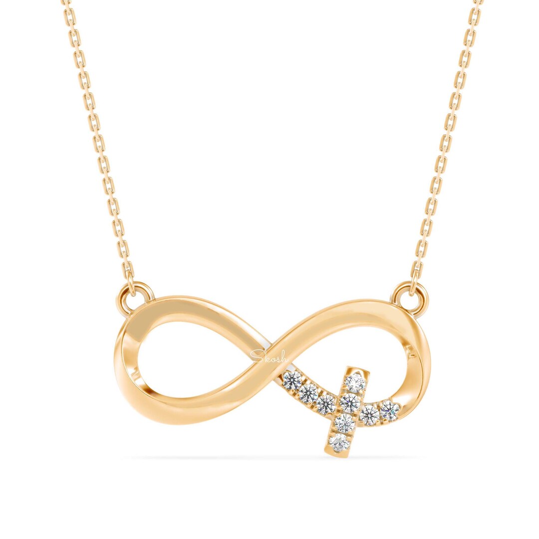 14K Solid Gold Infinity Cross Diamond Charm Pendant Necklace, Lab-grown ...