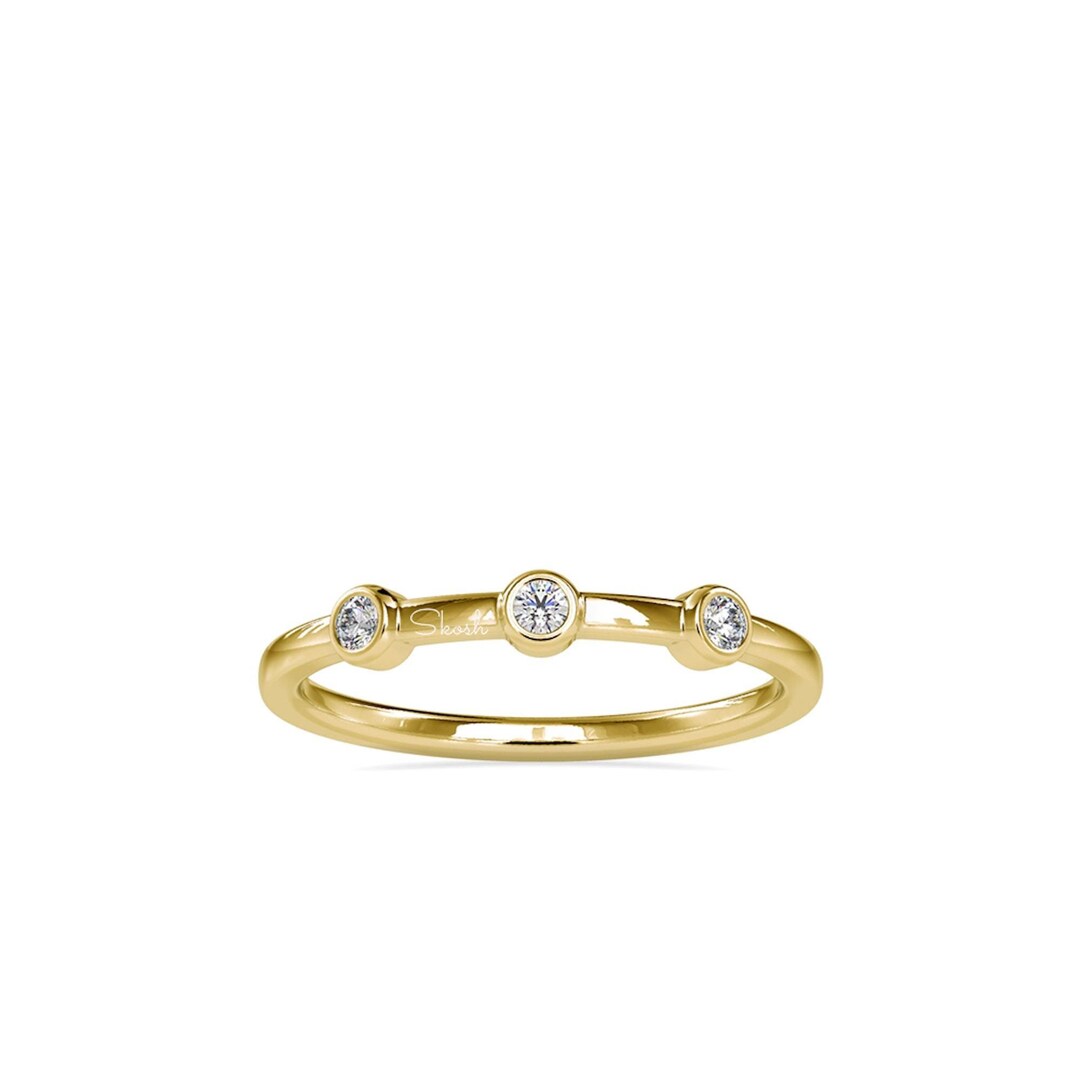 10k/14k Solid Gold Three Diamond Wedding Band, Bridal Engagement ...