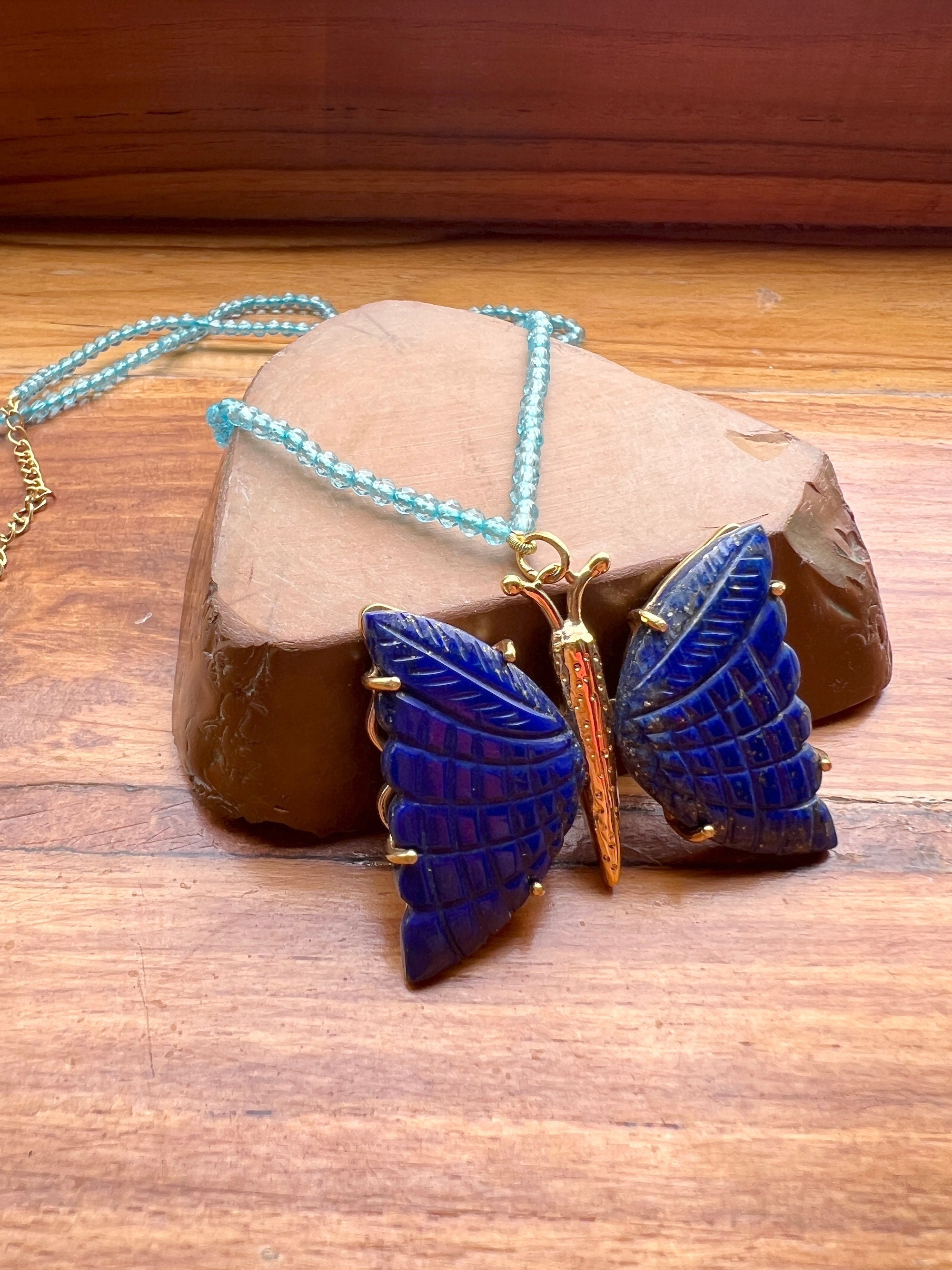 Hand Carved Lapis Lazuli Butterfly Pendant Necklace, Blue Topaz, Boho ...