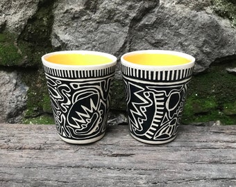 Uniquely Designed Handmade Sgraffito Ceramic Mug Set Ceramic | Etsy