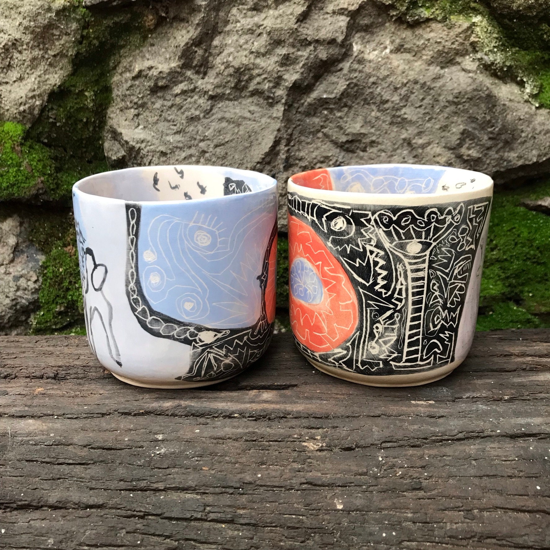 Uniquely Designed Handmade Sgraffito Ceramic Mug Set Ceramic Glass ...