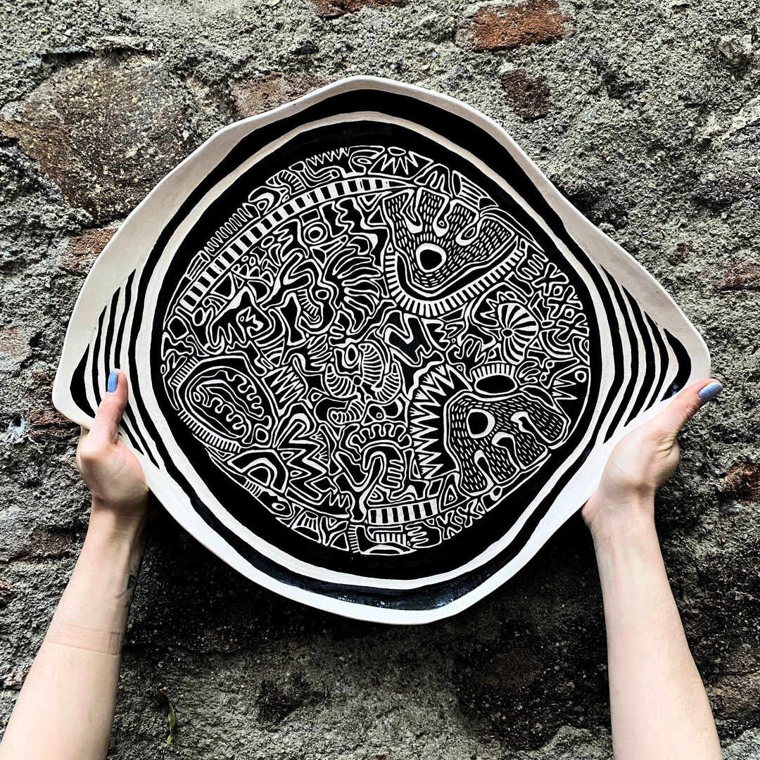 Uniquely Designed Latge Handmade Sgraffito Ceramic Platter Sgraffito ...