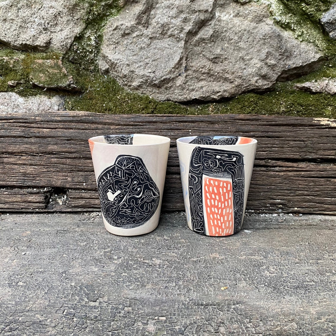 Uniquely Designed Handmade Sgraffito Ceramic Mug Set Ceramic Glass ...