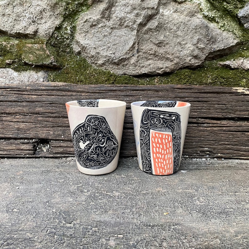 Uniquely Designed Handmade Sgraffito Ceramic Mug Set Ceramic Glass ...