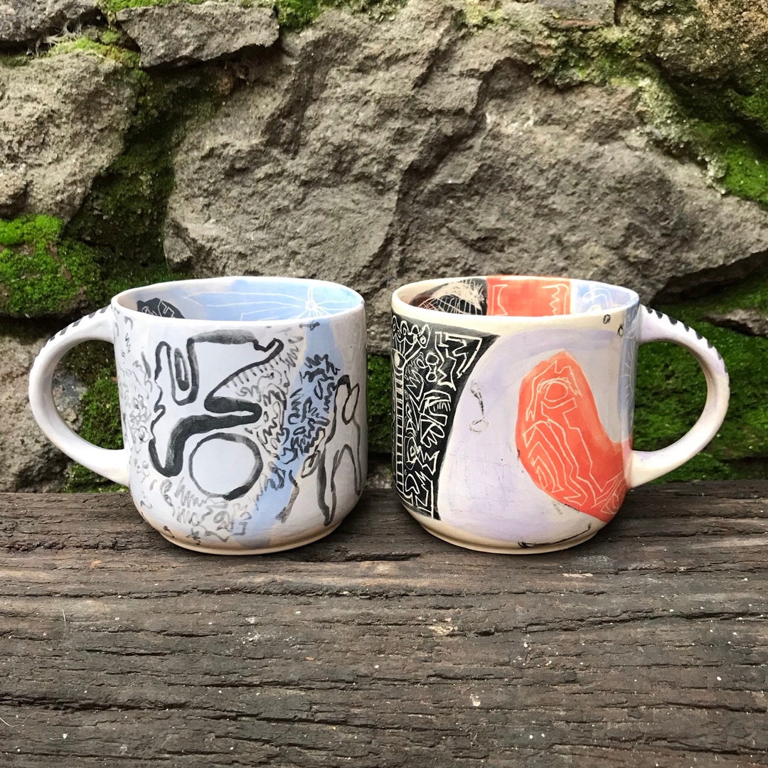 Uniquely Designed Handmade Sgraffito Ceramic Mug Set - Ceramic Glass ...