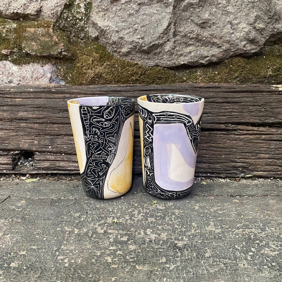 Uniquely Designed Handmade Sgraffito Ceramic Mug Set Ceramic Glass ...