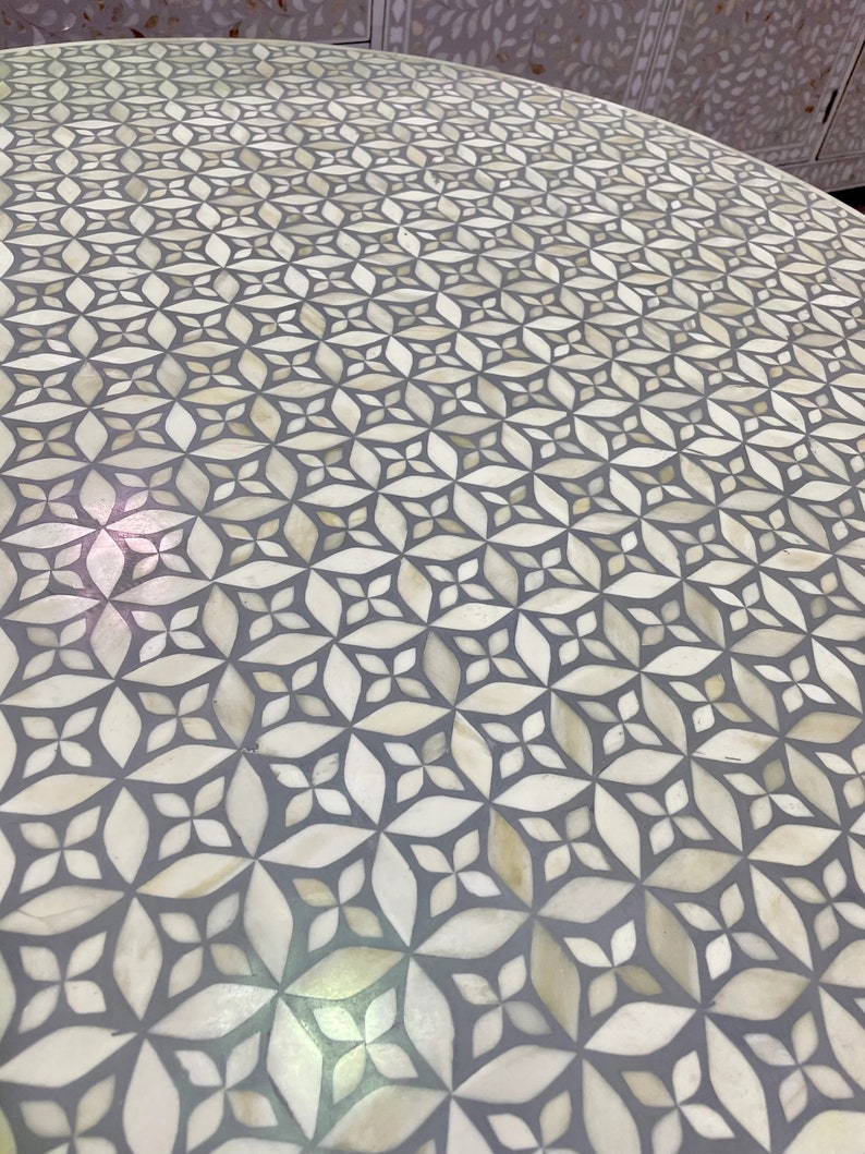 Bone Inlay Round Coffee Table With Brass Leg Grey Geometric - Etsy