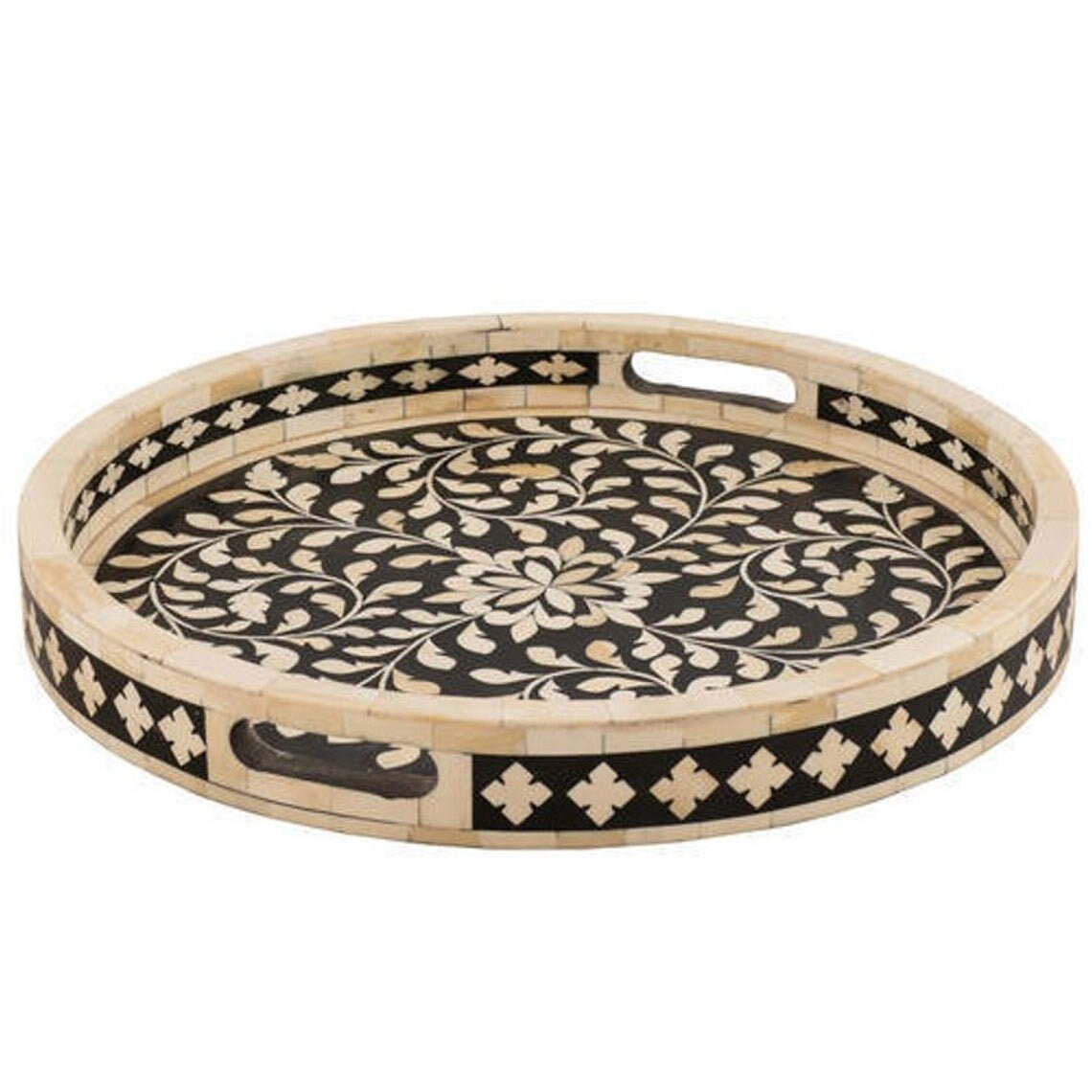 Handmade Bone Inlay Black Round Tray Decorative Serving Tray | Etsy