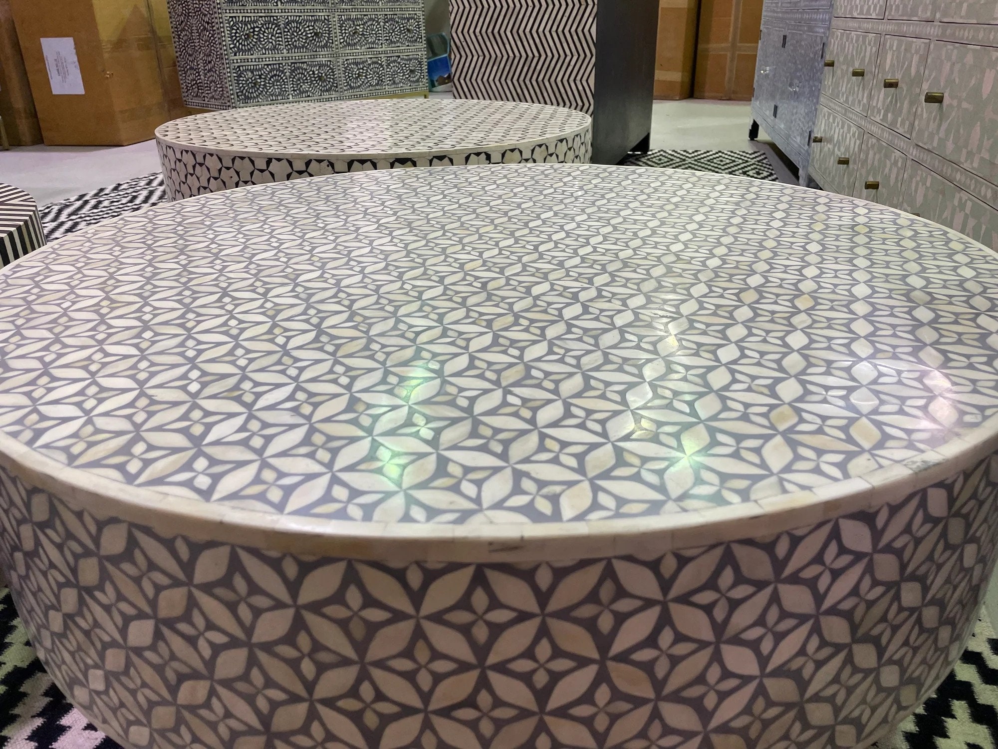 Bone Inlay Round Coffee Table With Brass Leg Grey Geometric - Etsy