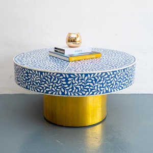 Bone Inlay Round Coffee Table With Brass Finish Stand - Etsy