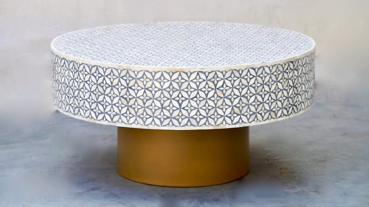 Bone Inlay Round Coffee Table With Brass Leg Grey Geometric - Etsy