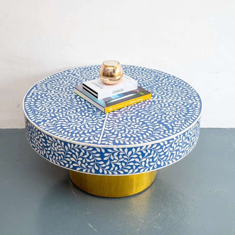 Bone Inlay Round Coffee Table With Brass Finish Stand - Etsy