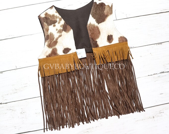 Girls Western Cowgirl Cropped Cowhide Print Vest With Sequin Fringe and ...