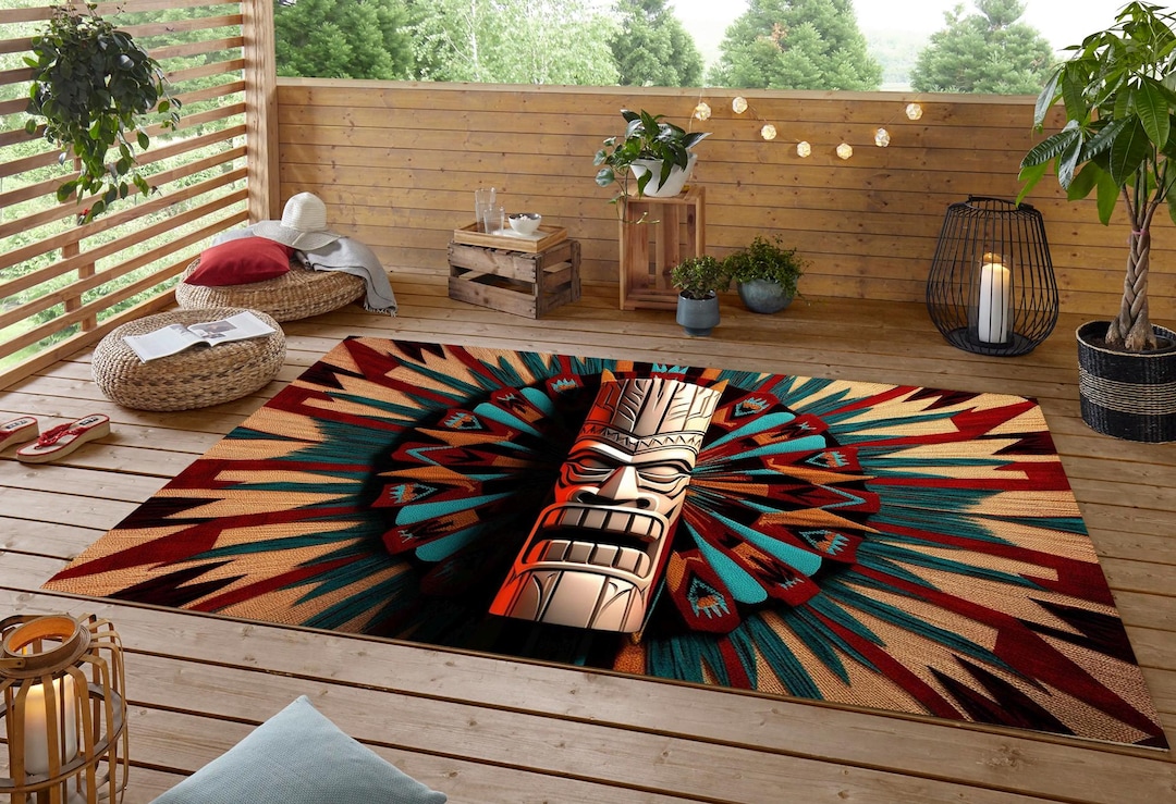 Tiki Mask Pattern Rug, Tiki Mask Pattern Outdoor Rug, Tiki Art Pattern ...