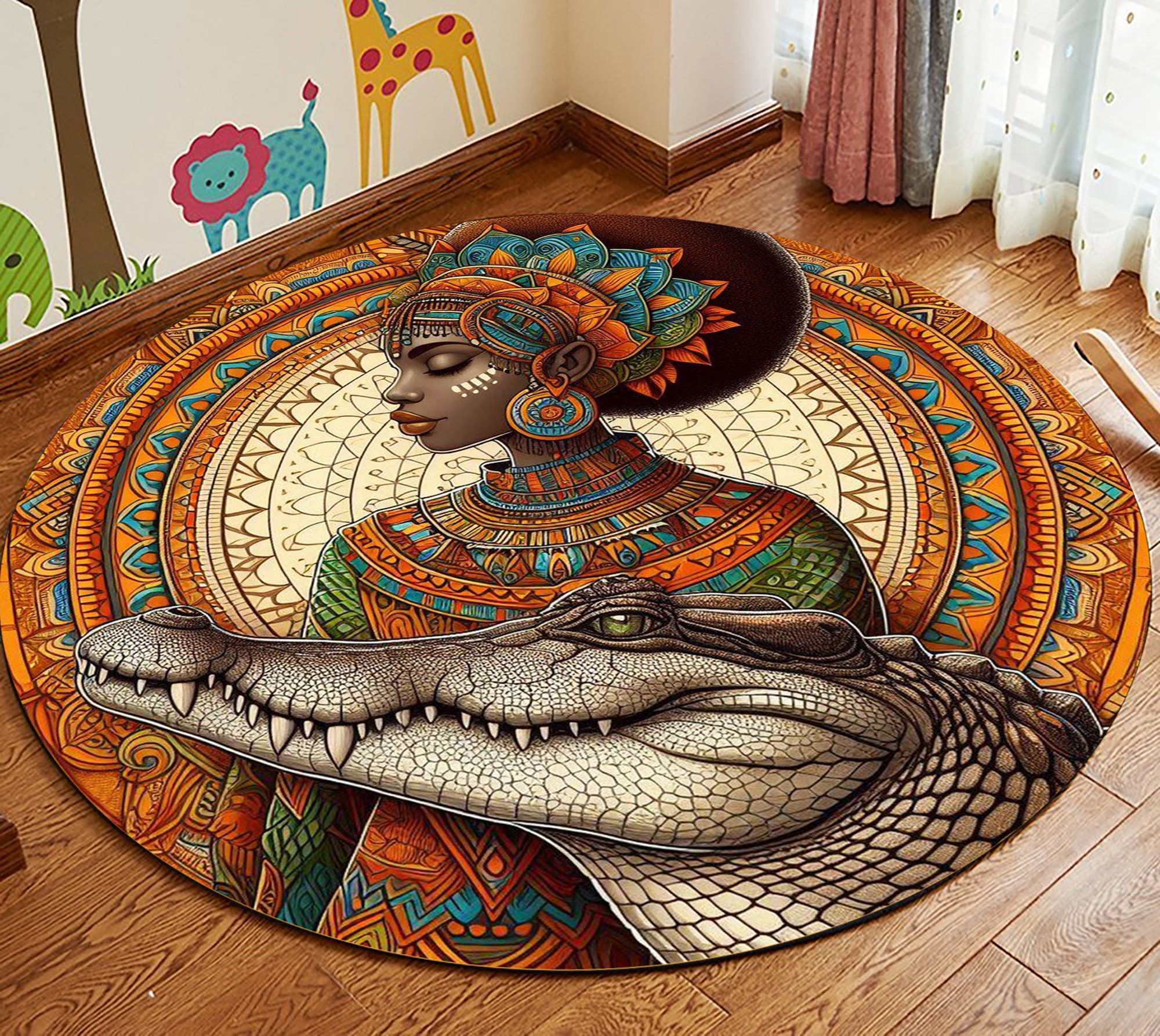 African Rug, Crocodile Rug, African Woman Rug, Multicolor Rug, Black ...