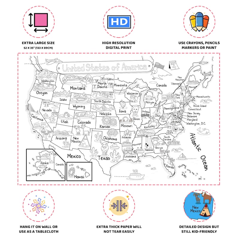 US Map Coloring Poster for Kids (52x35 Inches) - Etsy
