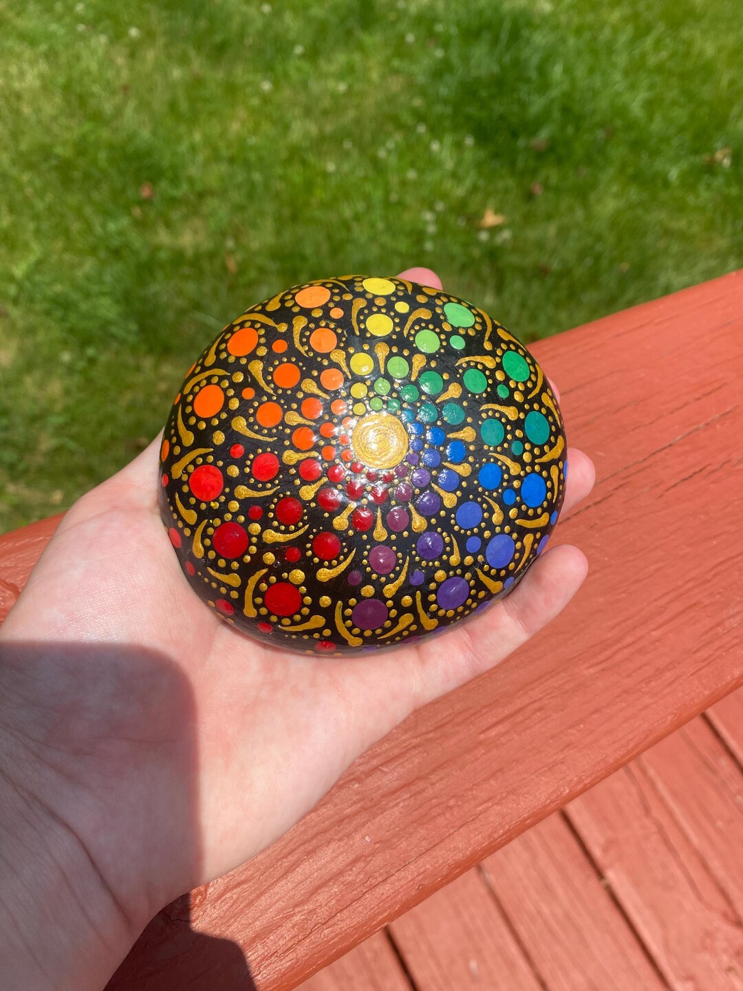 Large Painted Rainbow Mandela Rock Art - Etsy