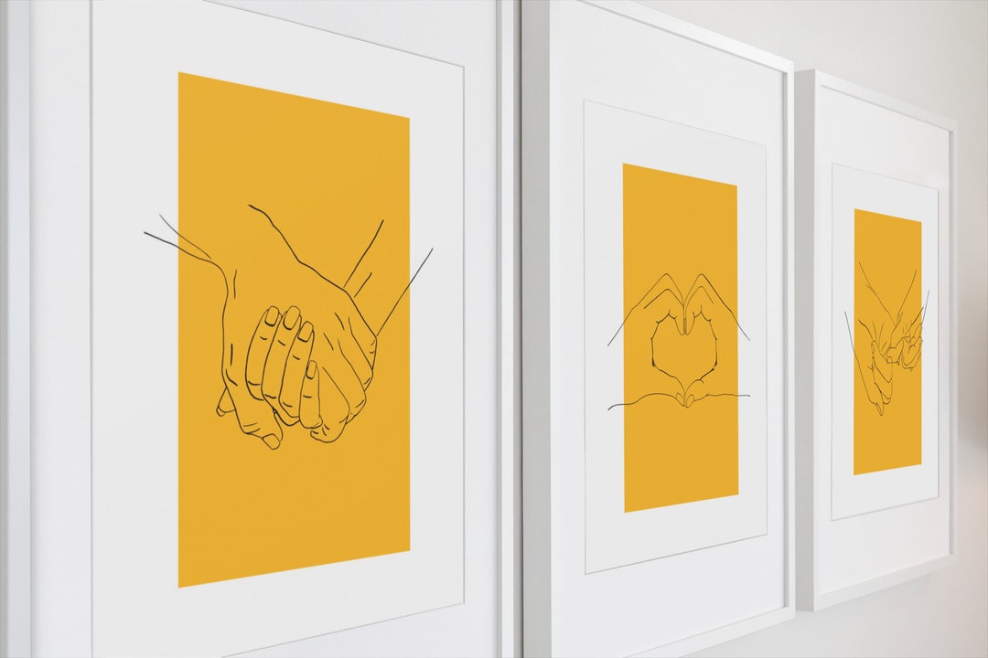 Set of 3 Printable Hand Yellow Art Prints, Couples Art Poster ...