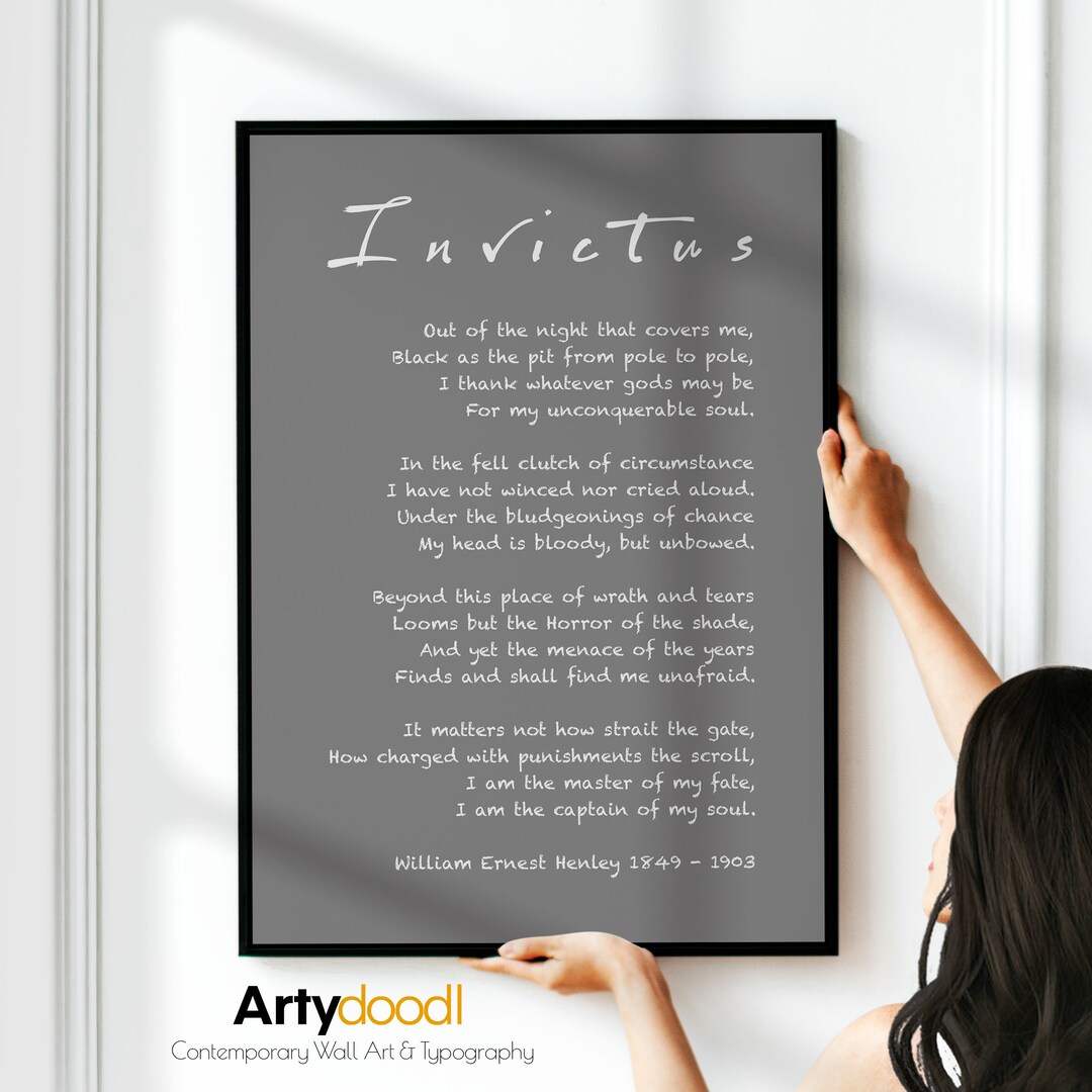 Invictus Poem Print William Ernest Henley, Contemporary Poetry Grey and ...