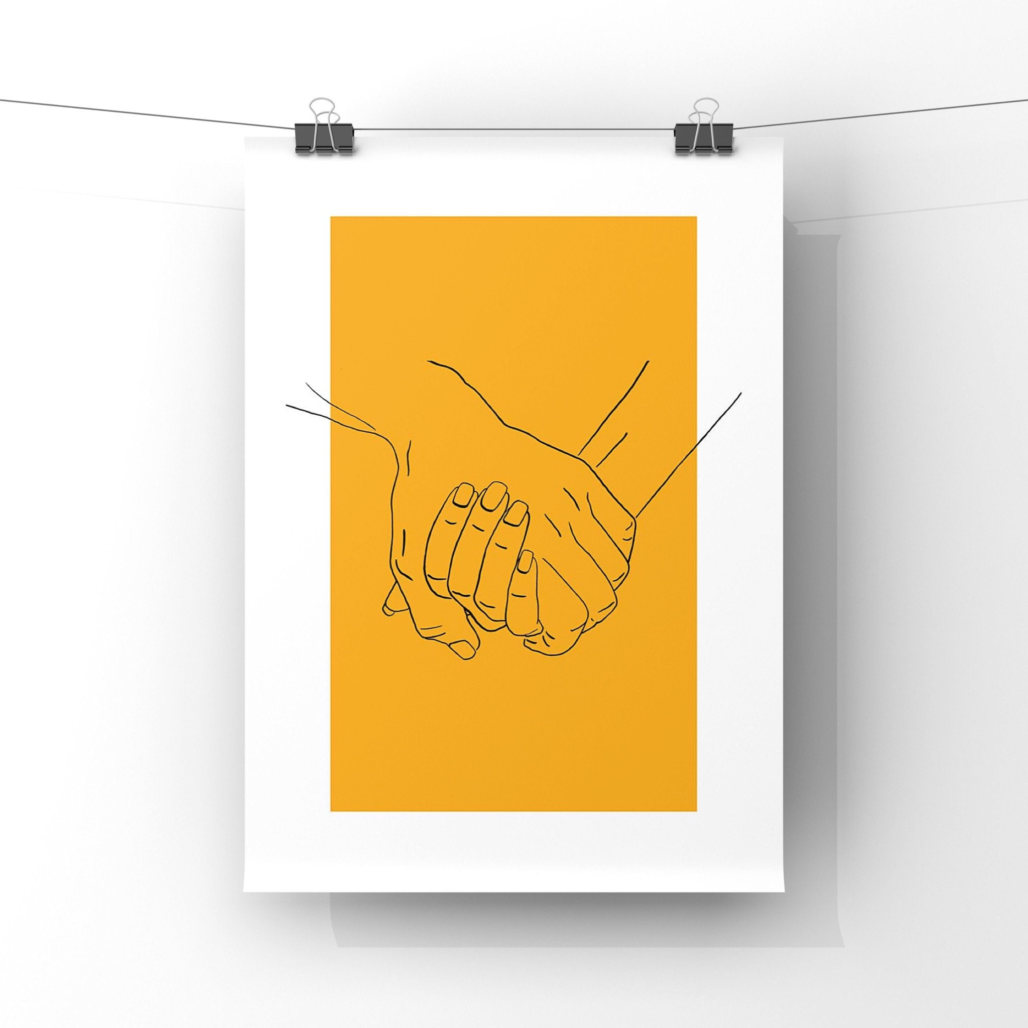 Holding Hands Print, Pinky Link Line Drawing Block Yellow, Simple ...