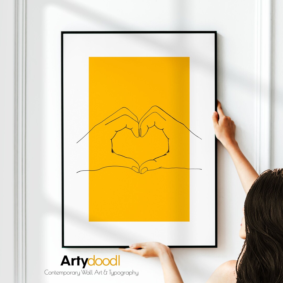 Heart Shaped Hands Outline Illustration Print on Yellow Colour Block ...