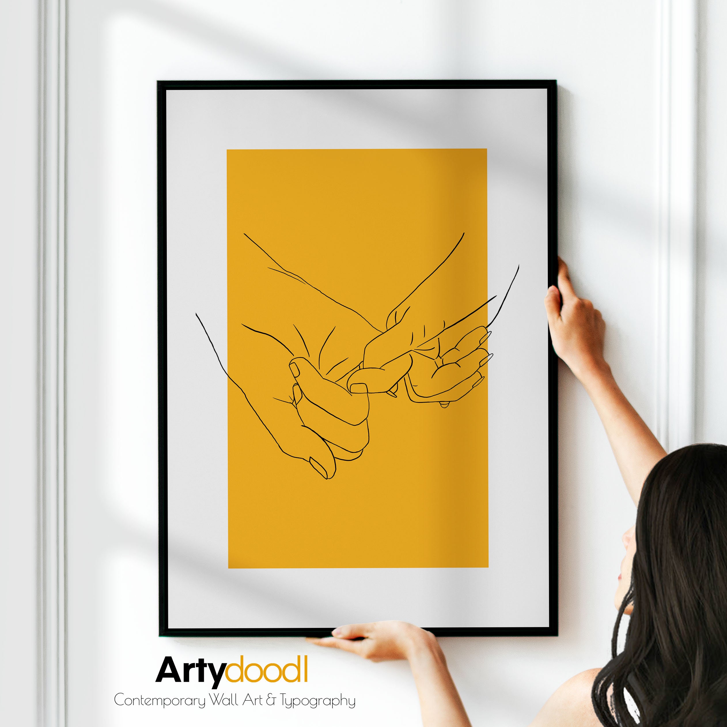 Holding Hands Print, Pinky Link Line Drawing Block Yellow, Simple ...