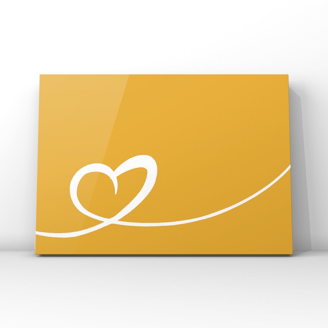 Yellow Heart Line Art Block Print, Yellow Home Decor, Saffron Yellow ...