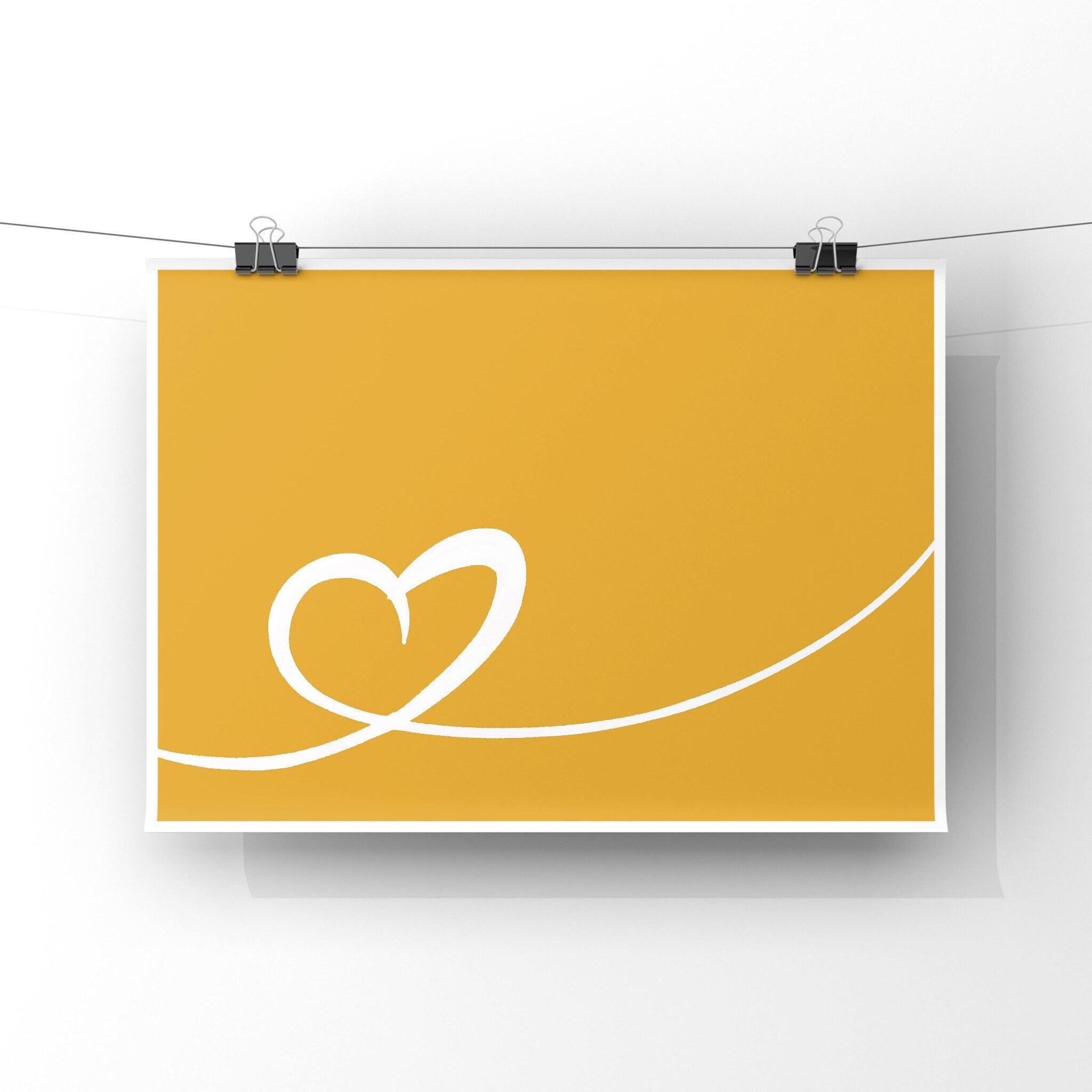 Yellow Heart Line Art Block Print, Yellow Home Decor, Saffron Yellow ...