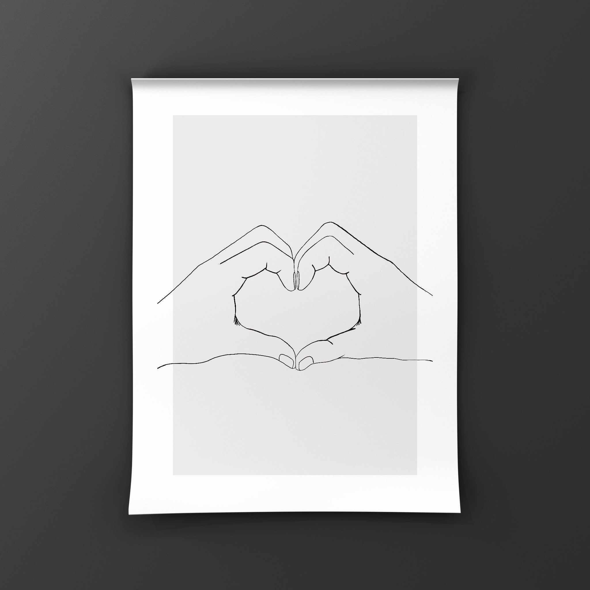 Heart Hands Line Art on Grey Block Print Romantic Print | Etsy