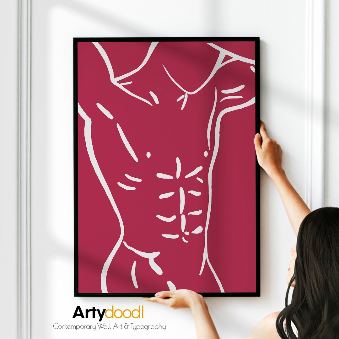 Pink and White Male Torso Line Art Print Simple Upper Body Wall Art ...