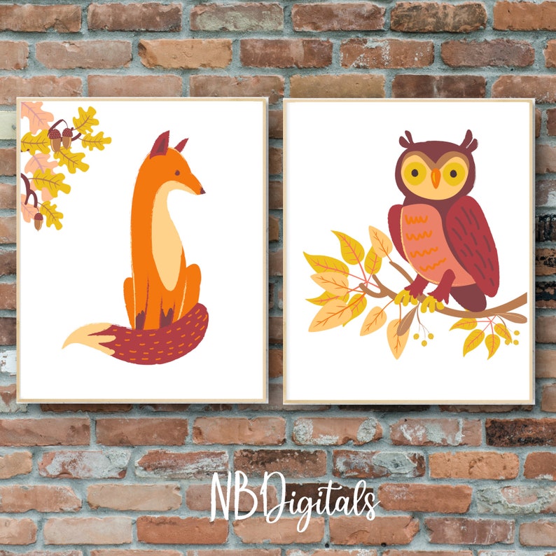 Fox and Owl Printable, Fall Printable, Nursery Decor, Woodland Wall Art ...