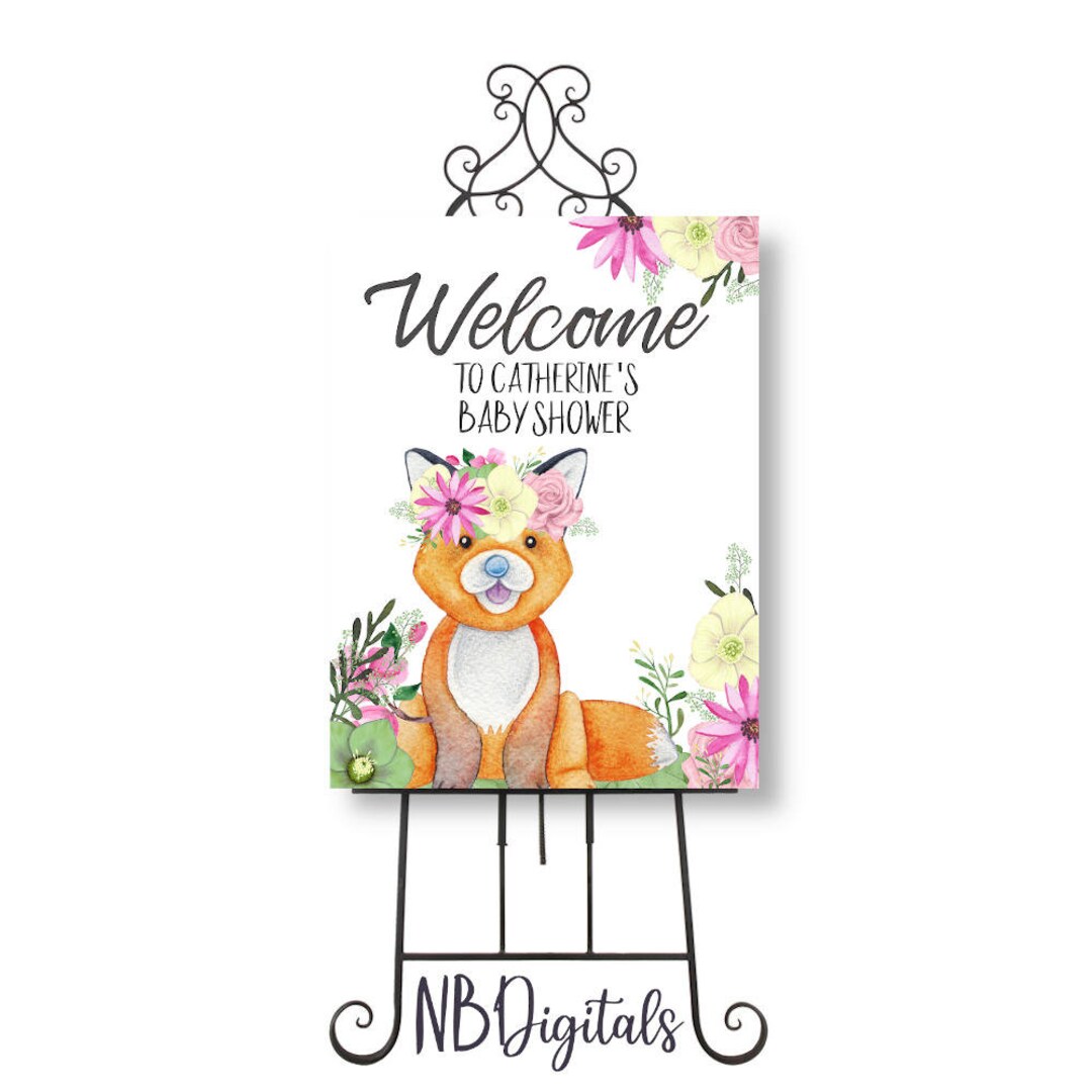 Fox Baby Shower Welcome Sign, Flower Fox Sign, Woodland Baby Shower ...