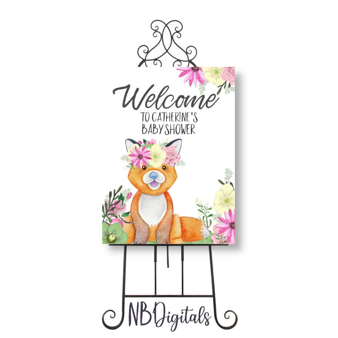 Fox Baby Shower Welcome Sign, Flower Fox Sign, Woodland Baby Shower ...