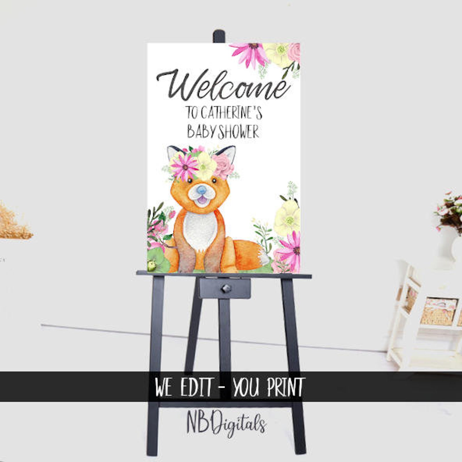 Fox Baby Shower Welcome Sign, Flower Fox Sign, Woodland Baby Shower ...