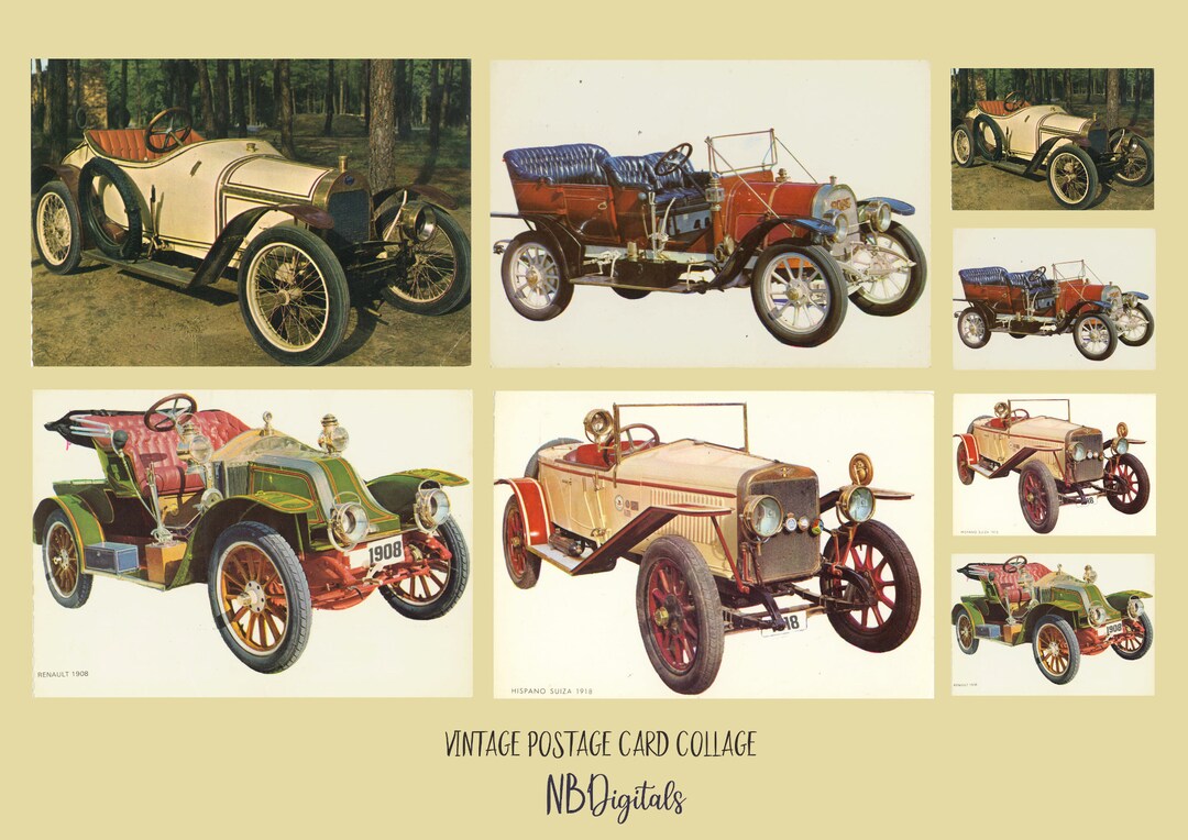 Old Car Journaling Cards, Digital Collage Sheet, 4 Printable Vintage ...
