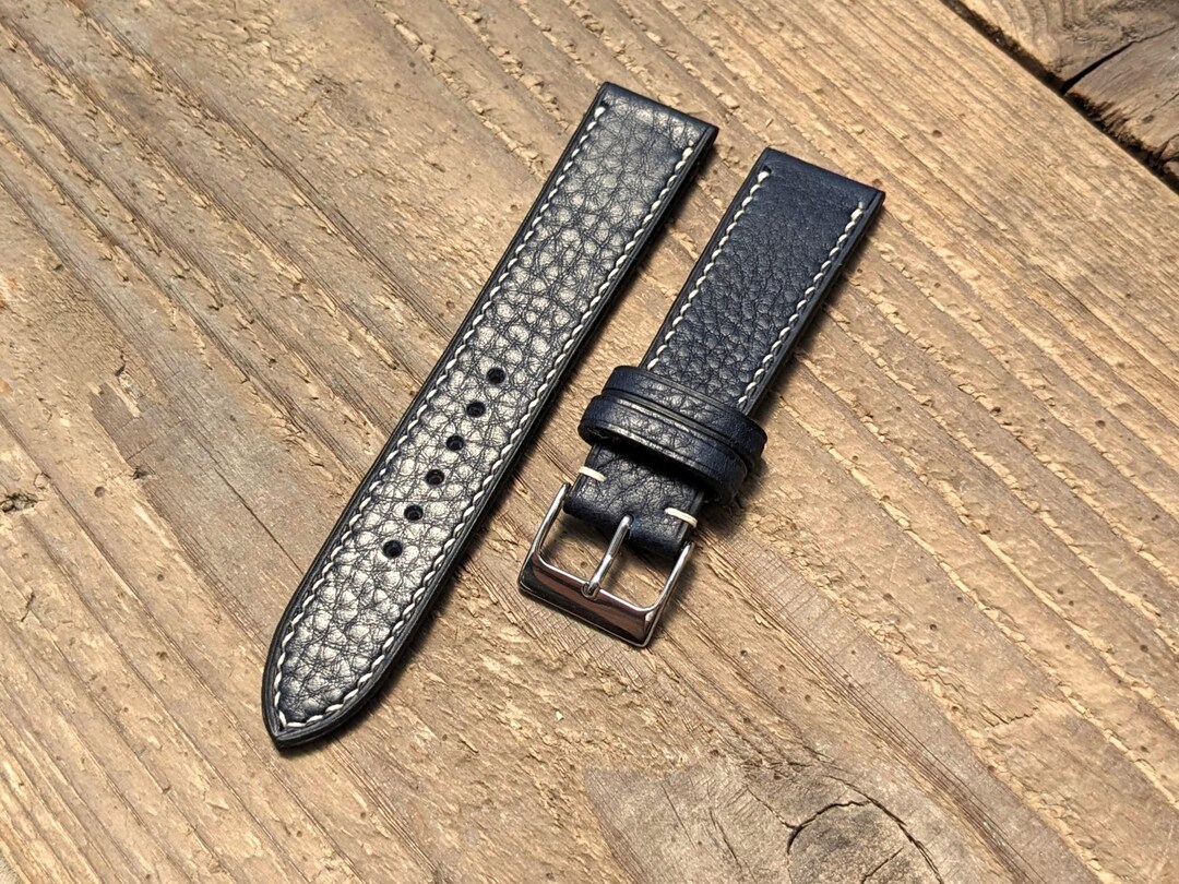 Horween Chromepak Navy Embossed Watch Strap – Handmade Full Stitch Band ...