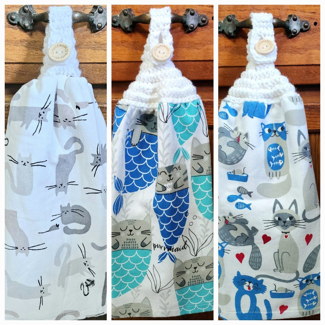 Cat & Kitten Kitchen Towels With Crocheted Top and Button - Etsy