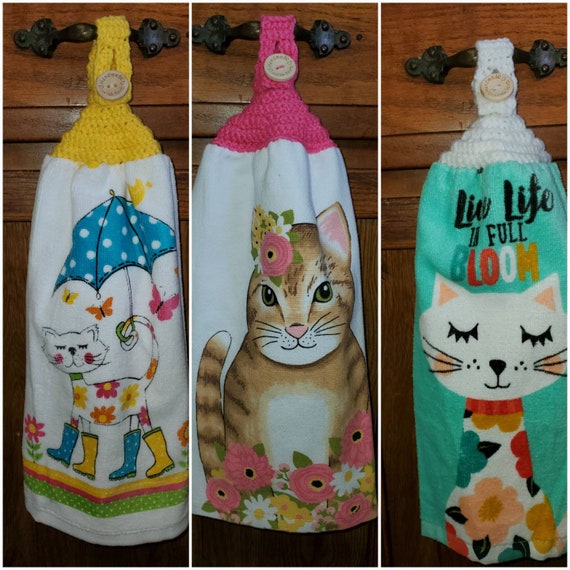 Cat & Kitten Kitchen Towels with Crocheted Top and Button | Etsy