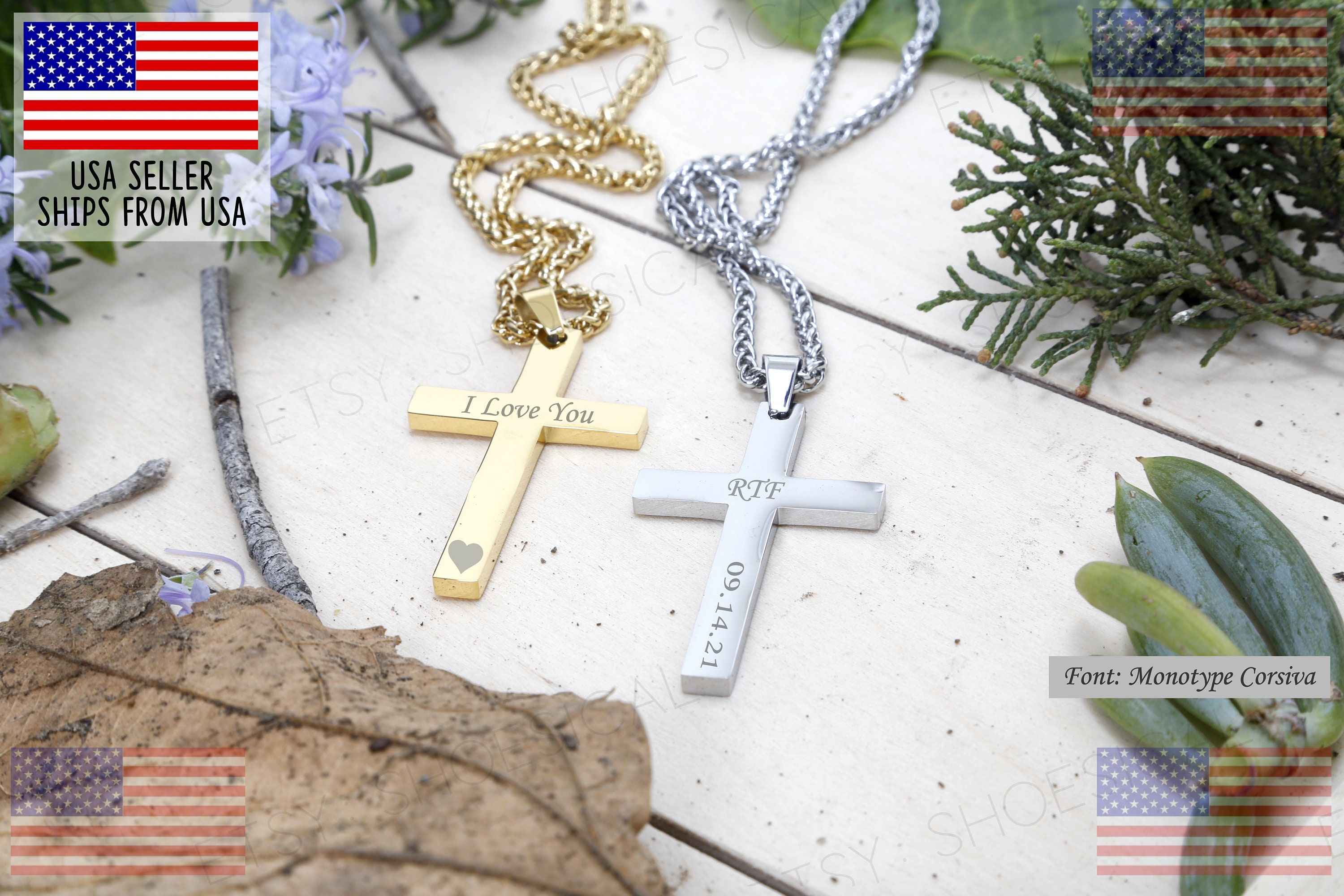 Custom Engraved Cross Necklace SILVER GOLD Mens Pendant Choker Christ ...