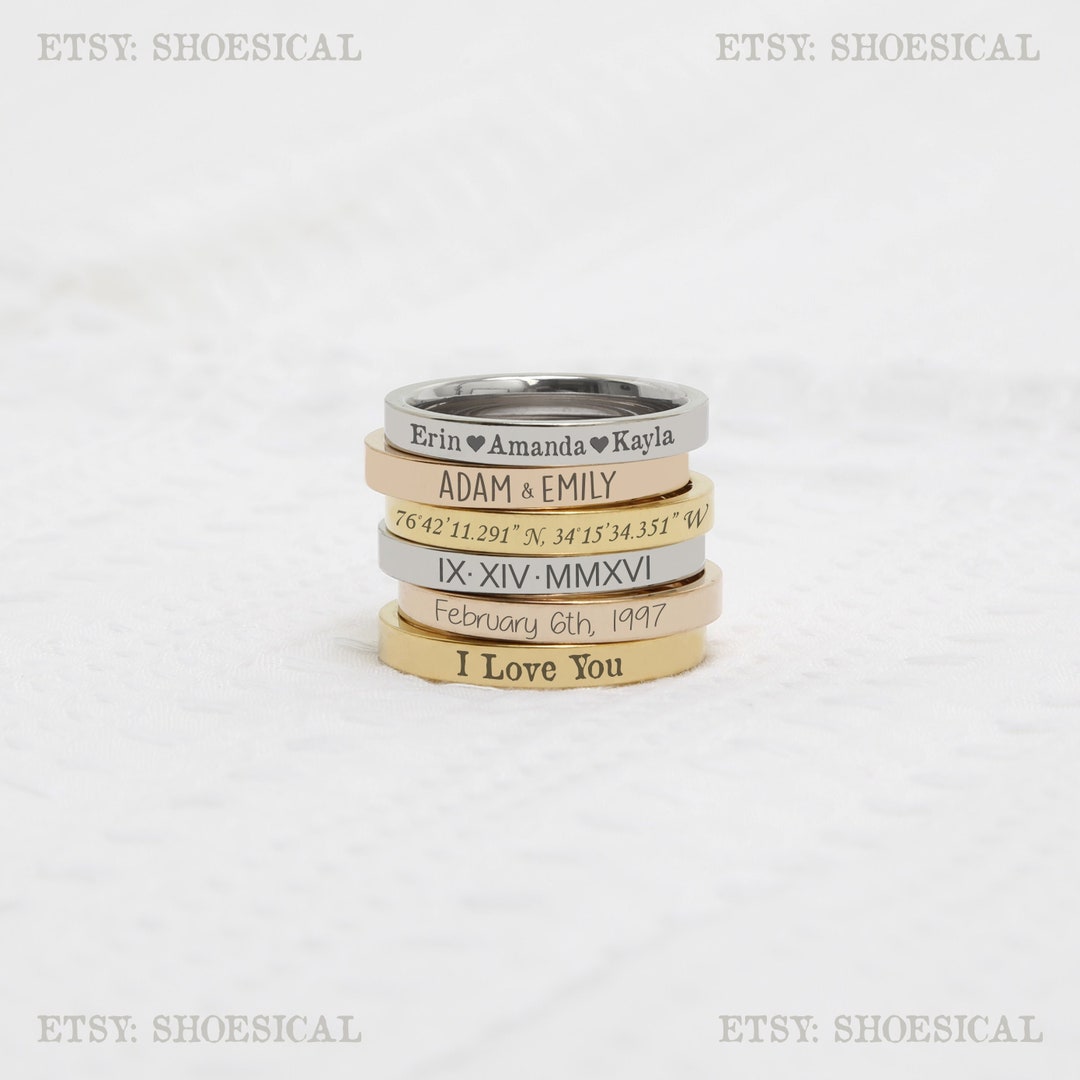 Custom Word Ring Coordinates Ring Inside Engraved Ring Dainty Name Ring ...